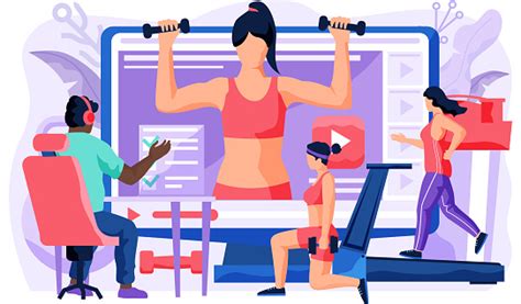 사람들은 컴퓨터 모니터에서 소녀 트레이너 뒤에서 운동을 반복합니다 스포츠 온라인 비디오 블로그 가정 생활에 대한 스톡 벡터 아트 및 기타 이미지 Istock