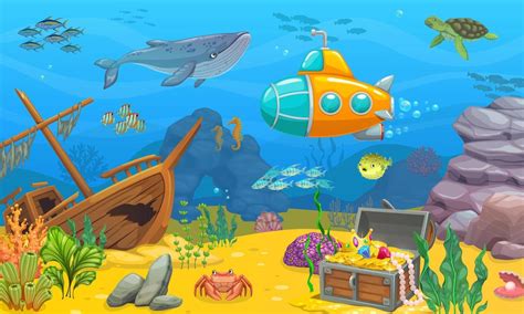 Underwater Game Level Landscape With Sunken Ship