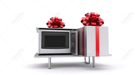 흰색 배경에 빨간색 리본과 활이 있는 전자레인지 선물을 운반하는 지게차의 3d 렌더링 절하다 배경 물을 배경 빨간색 배경 이미지 Hd 절하다 물을 빨간색 배경