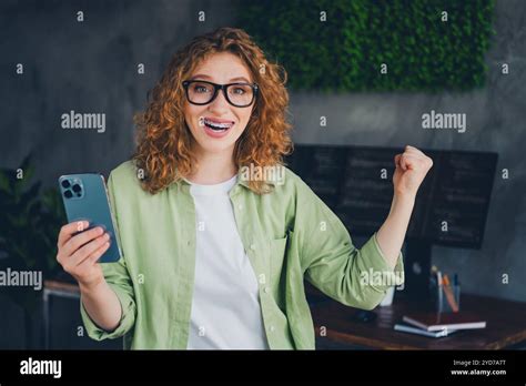Photo Of Lucky Charming Lady Coder Wear Shirt Eyeglasses Winning Game