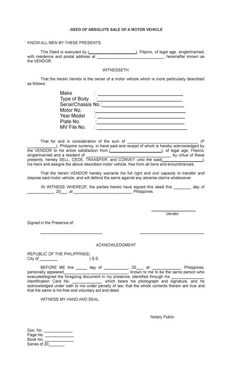 Deed Of Sale Vs Deed Of Absolute Sale Philippines Templates Sample