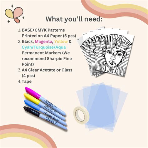 Printable Color By Cmyk Patterns Retro Vintage Halftone Egyptian Mask Acetate Glass Art Diy