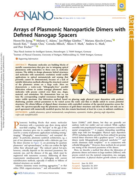 Pdf Arrays Of Plasmonic Nanoparticle Dimers With Defined Nanogap Spacers