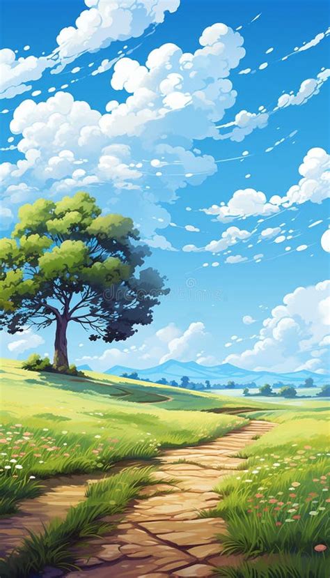 Blue Sky And Cloud With Meadow Tree Plain Landscape Background For