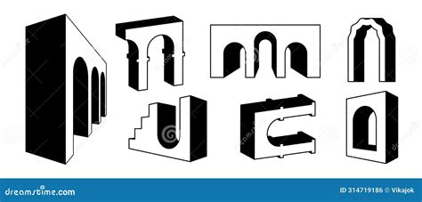 Set Of Linear Surreal Arches In Perspective Outline Fun Geometric Element Collection Bold 3d