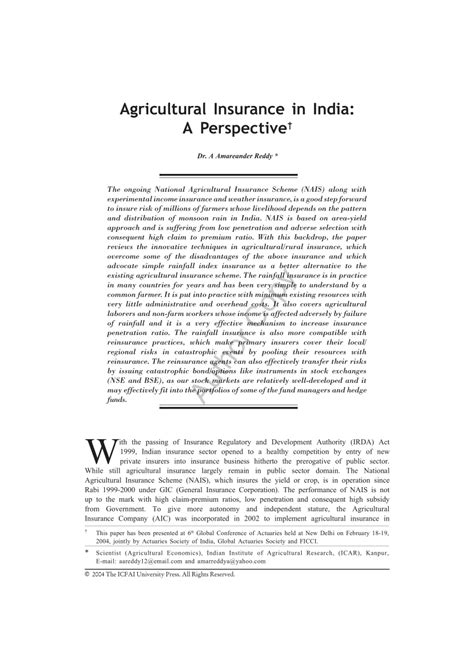 Pdf Agricultural Insurance In Indiaa Perspective