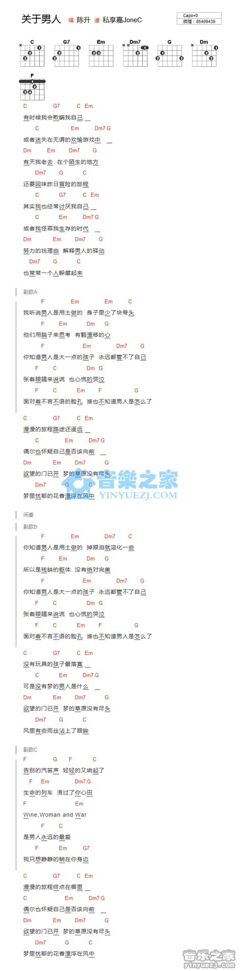 关于男人吉他谱 陈升 C调吉他弹唱谱 和弦谱 琴谱网