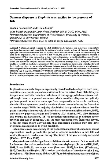 Pdf Summer Diapause In Daphnia As A Reaction To The Presence Of Fish