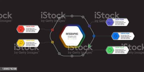 검은 배경에 얇은 선 아이콘이있는 5 개의 사실적인 육각형 요소가있는 비즈니스 인포 그래픽 템플릿 종이에 기하학적 구멍이 있는 현대적인 다이어그램 프레젠테이션을 위한 벡터