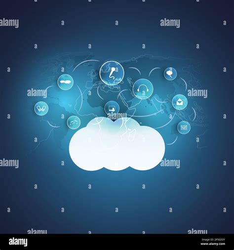 Cloud Computing Design Concept With World Map And Icons Representing Digital Media And Services