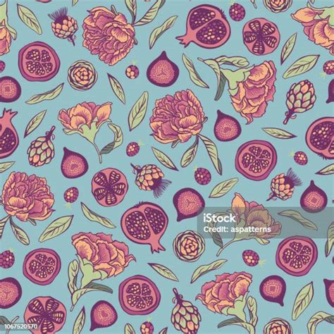 벡터 요소 꽃 잎 무화과 열매 석류 딸기 양 인데와 함께을 완벽 한 패턴 배경 0명에 대한 스톡 벡터 아트 및 기타 이미지 0명 가을 귀여운 Istock