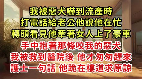 我被惡犬嚇到流產時，打電話給老公他說他在忙，轉頭看見他牽著女人上了豪車，手中抱著那條咬我的惡犬，我被救到醫院後 他才匆匆趕來，護士一句話 他跪