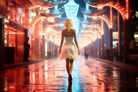 Woman Walking Confidently Through The Vibrant Neon Lit Streets
