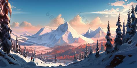 美丽的雪山山坡插画壁纸高清图片下载 包图网