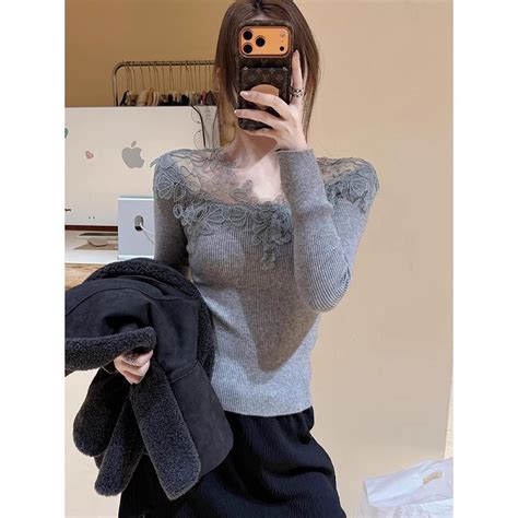 法式轻奢蕾丝边打底衫女秋冬内搭秋季新款加绒简约上衣设计感小众 阿里巴巴