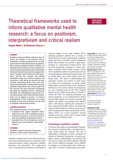 Pdf Theoretical Frameworks Used To Inform Qualitative Mental Health Research A Focus On