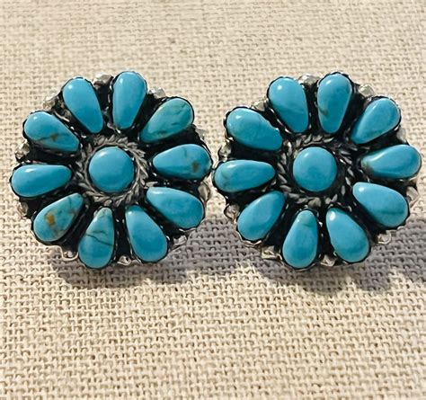 Navajo Handmade Cluster Turquoise Earrings Set In Sterling Silver Etsy