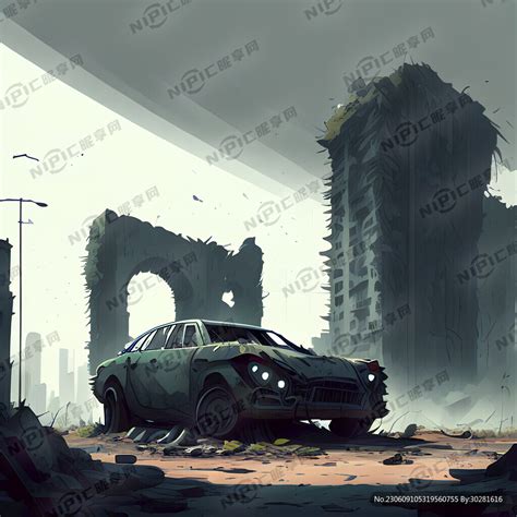 Ai创作图城市废墟 破旧汽车 赛博朋克 灰色天空 质感 末日。 昵图网