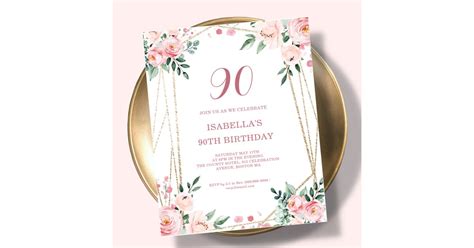 Blush Pink Floral 90th Budget Birthday Invitation Zazzle