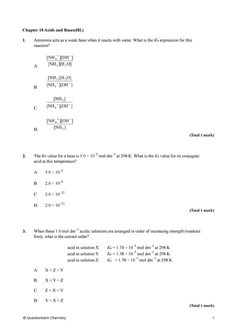 18 Hl Ib Acid Base Practice Quiz For Topic 8 18 Chapter 18 Acids And Bases Hl Ammonia Acts