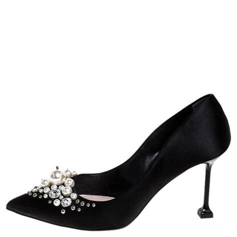 Miu Miu Black Pearl And Crystal Embellished Satin Pointed Toe Pumps
