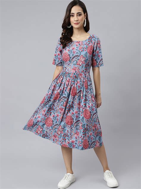 Buy Janasya Women Blue And Pink Floral Printed Cotton Flared Midi Dress