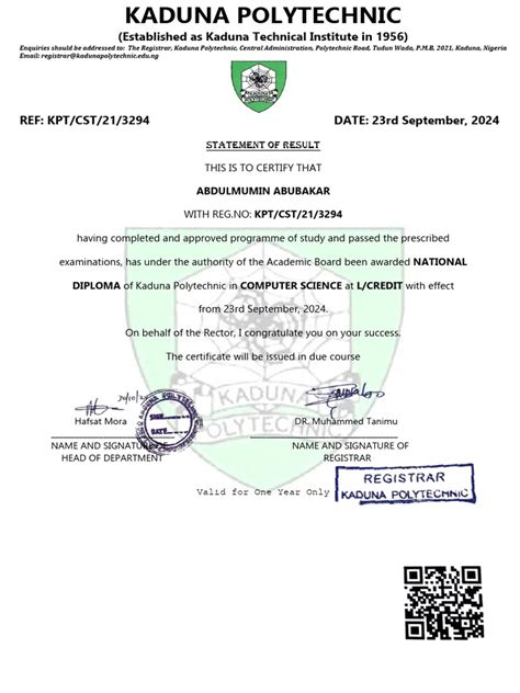 Kaduna Polytechnic National Diploma Certificate Pdf