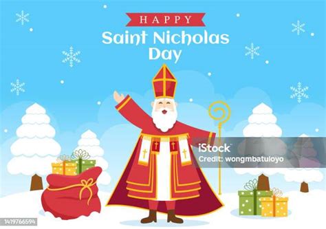 세인트 니콜라스 데이 또는 Sinterklaas 축하 템플릿 손으로 그린 만화 플랫 일러스트 레이 션 선물 상자와 겨울 배경