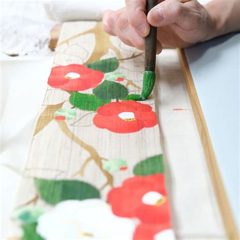 Fine Hand Painted Japanese Hemp Tapestry Camellias Wabisuke Tsubaki