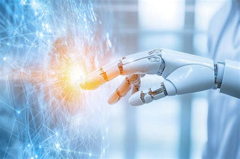 Human And Robot Hands Connect At The Forefront Of Global Data Networks In A Digital Setting