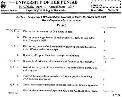 Msc Part 1 Botany Cell Biology And Biostatistics Past Paper 2019 Punjab