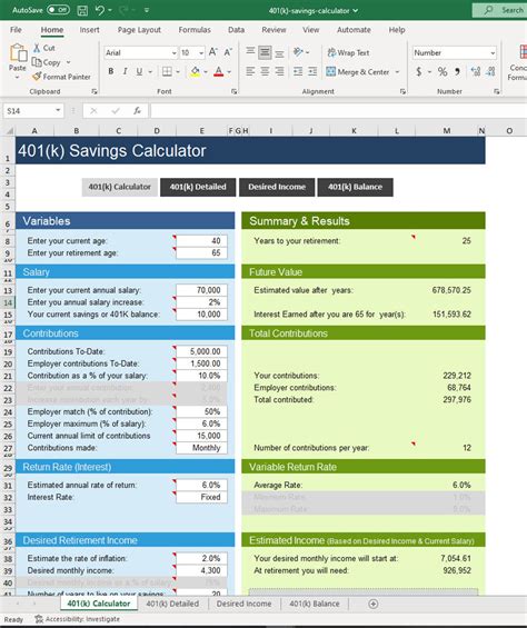 Excel Template 401k Saving Calculator Etsy