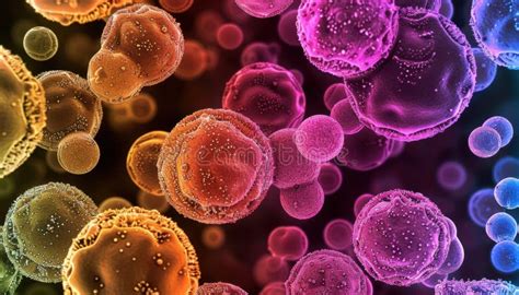 Colorful Representation Of Microscopic Cells Floating In A Vibrant Abstract Background Stock