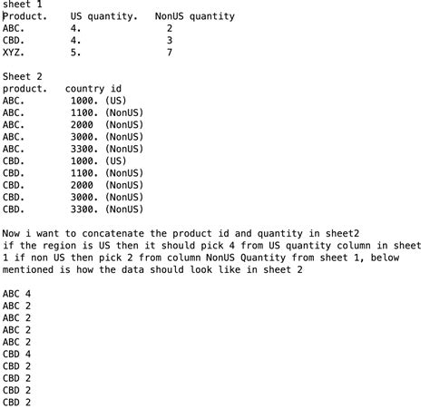 Excel Formula Required To Concatenate Data From 2 Different Sheets Stack Overflow