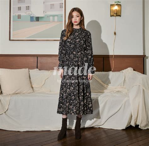 커먼유니크 4천장돌파made 믹스 플라워 쉬폰 롱 원피스 간절기프릴셔링벚꽃나들이데이트 룩