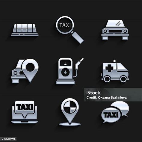 휘발유 또는 주유소 택시 택시 호출 전화 서비스 구급차 및 응급 차량 노트북 자동차 및 지붕 아이콘이있는 지도 포인터를 설정합니다 벡터 Brand Name Smart