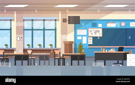 Empty School Class Room Interior Modern Classroom Board Desk Stock