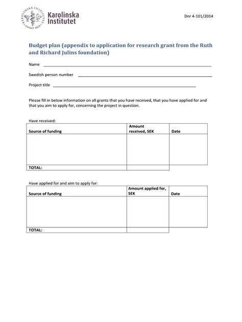 Fillable Online Budget Plan Appendix To Application For Research Grant