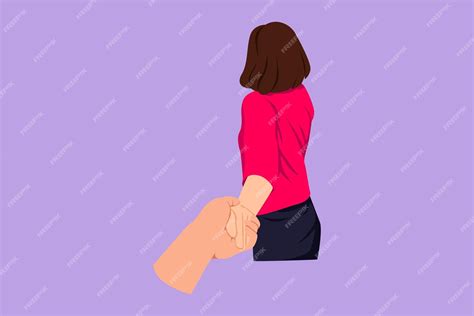 자연 야외에 그를 선도 하는 동안 남자 손을 잡고 아름 다운 여자의 만화 평면 스타일 드로잉 로맨틱 커플 사랑과 약속 서로에 게 충실 그래픽 디자인 벡터 일러스트 레이 션