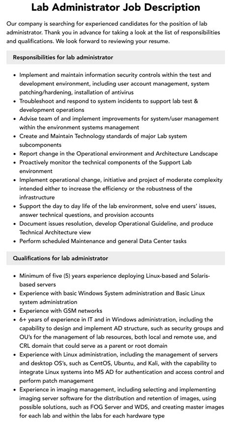 Lab Administrator Job Description Velvet Jobs