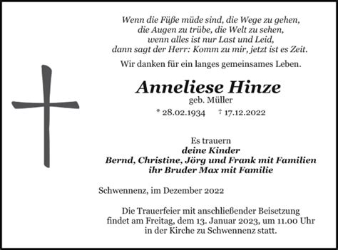 Traueranzeigen Von Anneliese Hinze Trauer Nordkurier