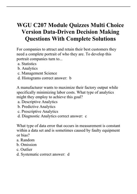 Wgu C207 Module Quizzes Multi Choice Version Data Driven Decision