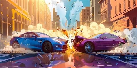 Headon Collision Cartoon Scene Da Cidade Com Dois Carros Colidindo