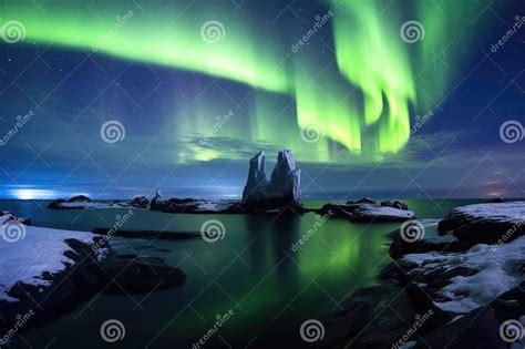 Iceberg Landscape Set Against A Backdrop Of Northern Lights Stock