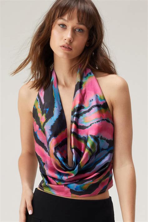 Satin Zebra Printed Cowl Plunge Halter Top Nasty Gal