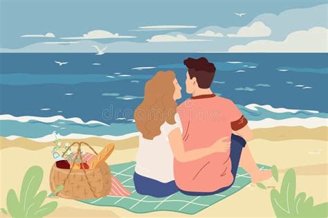 Love Couple Hugging And Relaxing On Picnic Blanket At Seaside Romantic