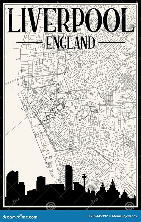 Hand Drawn Downtown Streets Network Printout Map Of LIVERPOOL ENGLAND