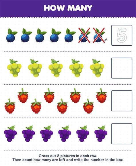 어린이를 위한 교육 게임은 만화 블루베리 포도 라즈베리의 수를 세고 상자에 인쇄 가능한 과일 워크시트에 숫자를 씁니다 프리미엄 벡터