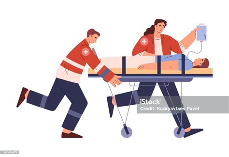 구급대원 팀이 들것에 환자를 태우고 서두르고 흰색 배경에 격리된 평면 벡터 삽화 간호사에 대한 스톡 벡터 아트 및 기타 이미지
