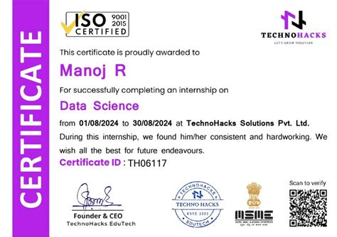 Manoj R On Linkedin Datascience Internship Technohacksedutech